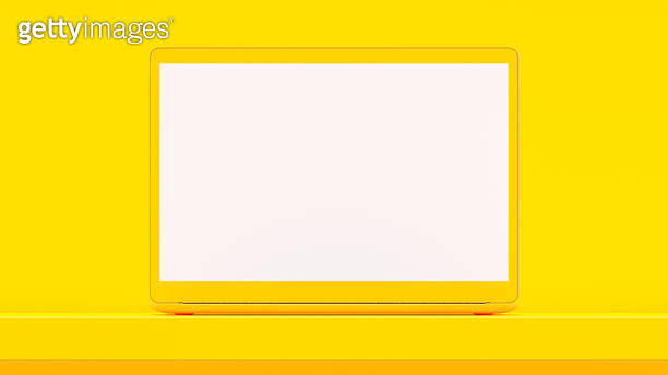 Laptop Mock-Up yellow color on work desk in yellow room. Designed in ...