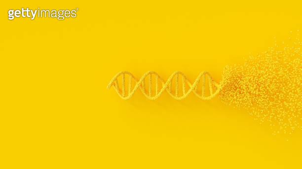 Yellow DNA molecule from particles on yellow background. Minimal idea ...