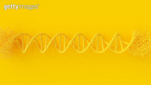 Yellow DNA molecule from particles on yellow background. Minimal idea ...