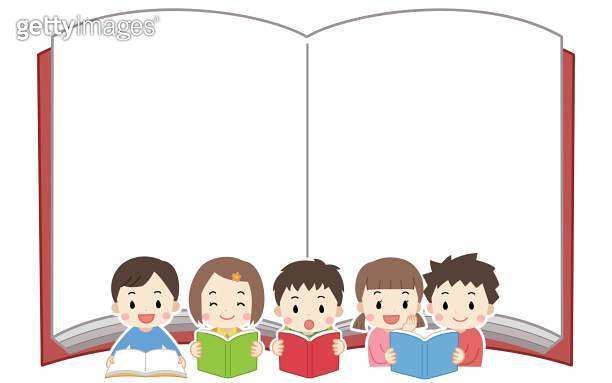 Illustration of a book frame material and children reading 이미지 ...