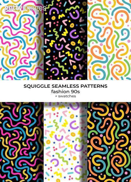 90s style squiggle doodle seamless patterns set 이미지 (1485155423) - 게티이미지뱅크