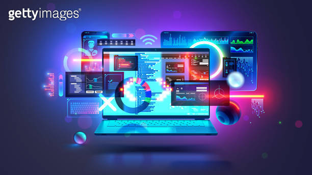 Software development technology. App programming on laptop for mobile ...