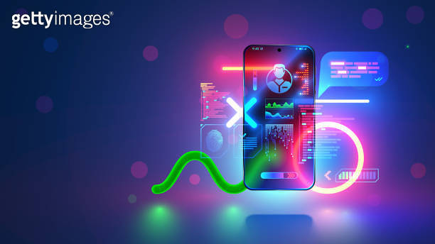 Mobile app development concept. Phone vector hanging over desk in neon ...