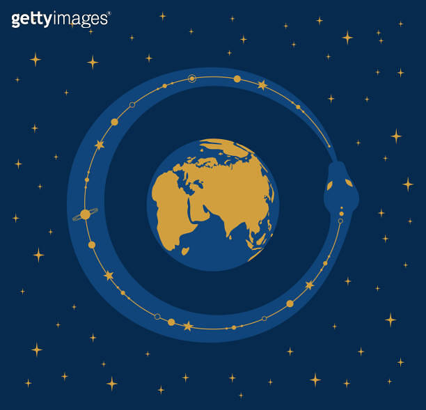 Ouroboros, a serpent coiled in a ring around planet Earth and biting ...