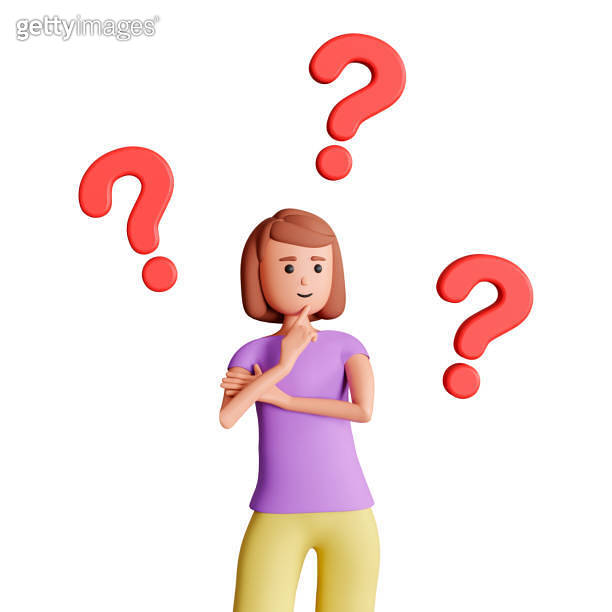 3D illustration of young woman and three question marks around her ...