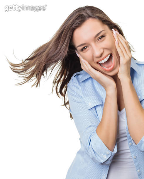 Happy woman gesturing smiling exciting(1557919012): 유사이미지 - 게티이미지뱅크