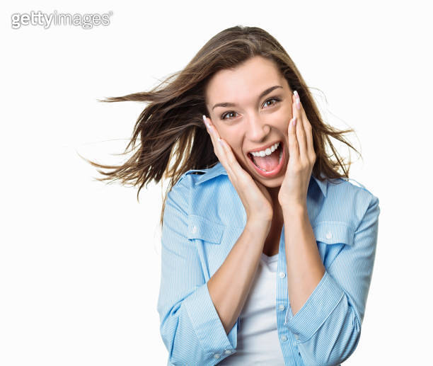 Happy woman gesturing smiling exciting(1557919012): 유사이미지 - 게티이미지뱅크