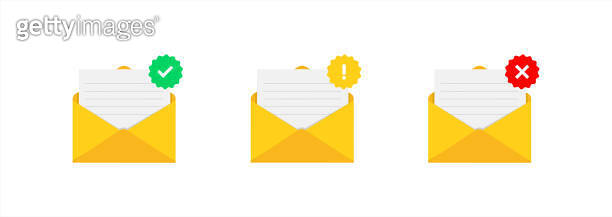 Envelopes with document and round green check mark icon. Successful e ...