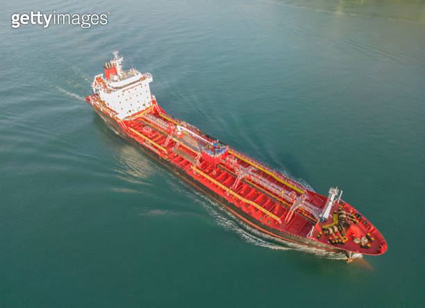 Aerial view of Oil ship tanker transportation crude oil from refinery ...