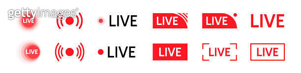 Set of live streaming icons. Set of video broadcasting and live streaming icon. Button, red ...