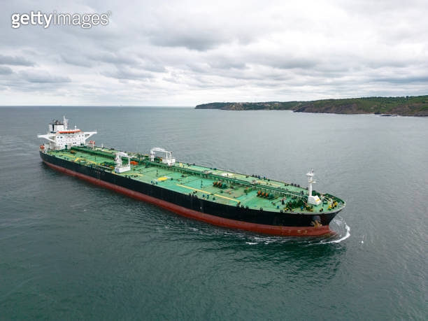 Aerial view of Oil ship tanker transportation crude oil from refinery ...