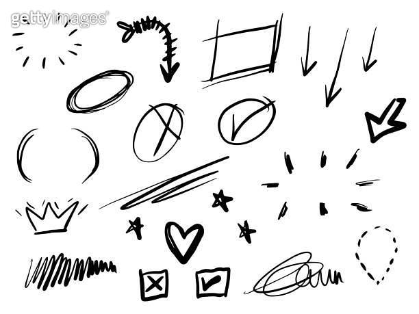 hand drawn set of abstract doodle elements with love, star, crown ...