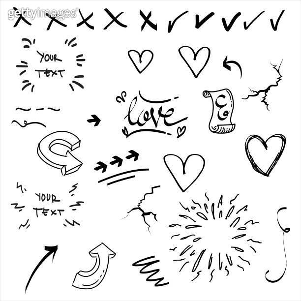 hand drawn set of abstract comic doodle elements. with heart, swirl ...