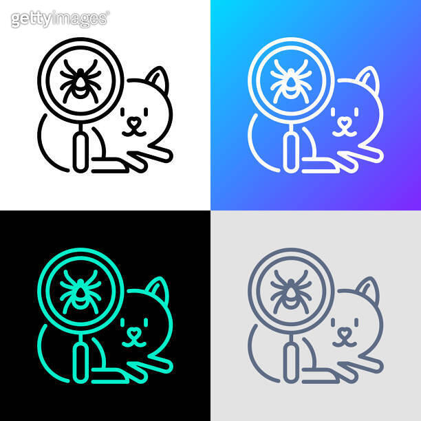 Cat with mite under magnifying glass. Veterinary clinic. Pet parasites ...