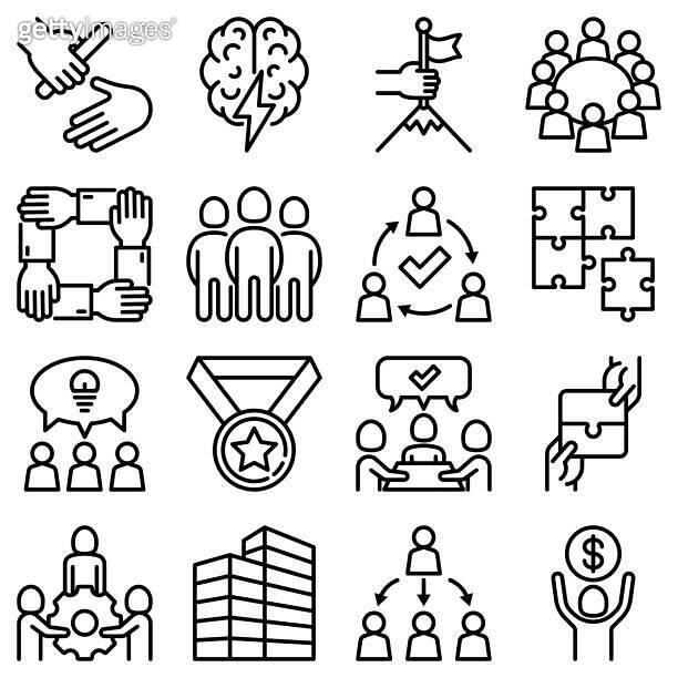 Teamwork thin line icons set: relay race, brainstorm, success, meeting, idea share ...
