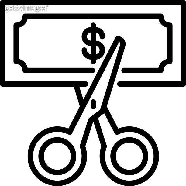 Rate cut thin line icon: scissors cutting banknote with dollar sign ...