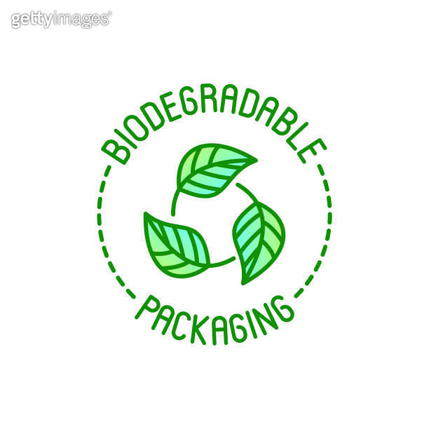 Biodegradable thin line icon for packaging. Leaves in circle. Symbol of ...