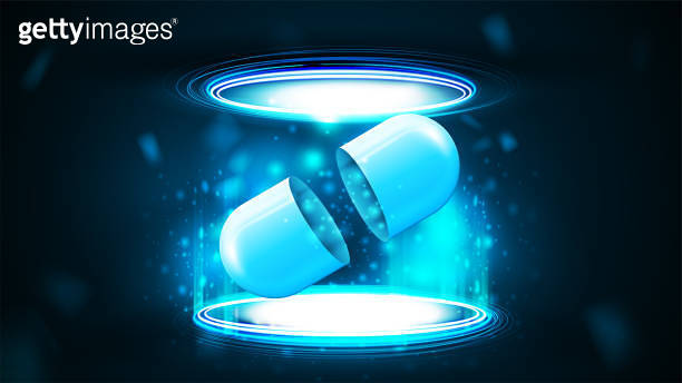 Realistic transparent neon pill in abstract futuristic blue portal made ...