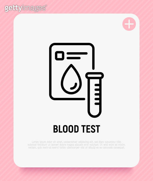 Blood test, medical report with blood droplet and test tube. Thin line ...