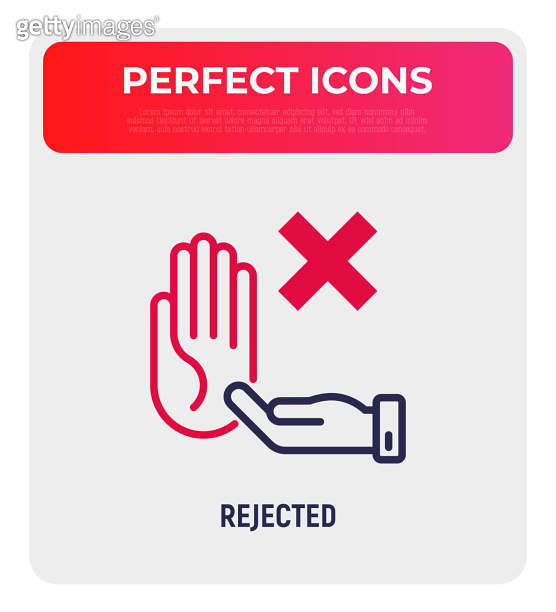 Rejected thin line icon: hand holding cross mark, stop sign. Declined ...