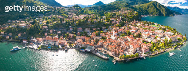 Menaggio, Como Lake. Aerial panoramic view of town of Menaggio on Como ...
