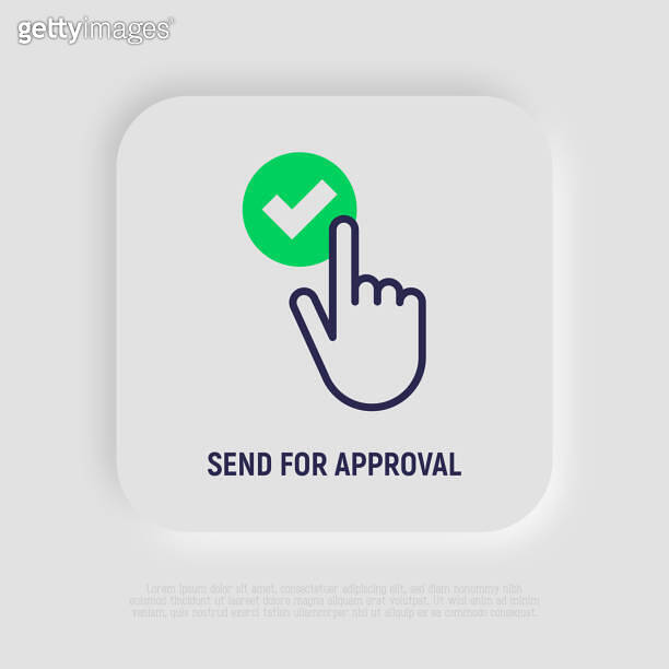 Push button with check mark by finger. Click yes. Thin line icon. Send ...