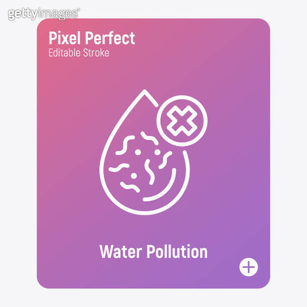 Polluted water, water drop with bacterias and cross mark. Thin line ...