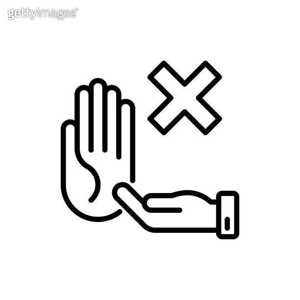 Rejected thin line icon: hand holding cross mark, stop sign. Declined ...