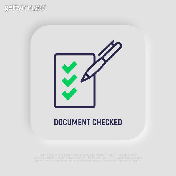 Document checked thin line icon: paper sheet with check marks and pen. Modern vector ...