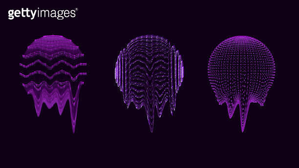 Collection of glitch spheres of glowing particles and with explosion ...