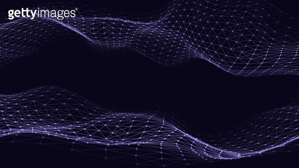 Abstract double wave background with dots and lines moving in space ...