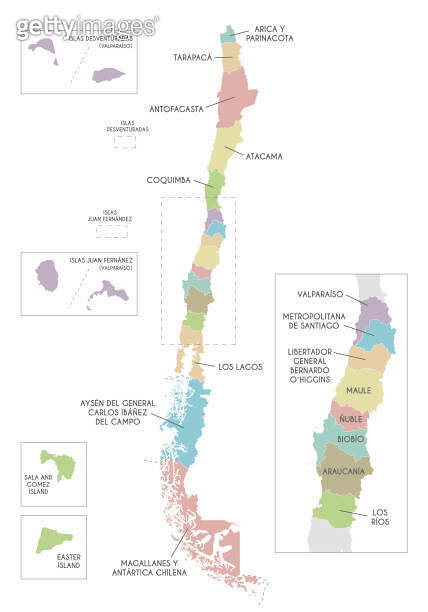 Vector map of Chile with regions and territories and administrative ...
