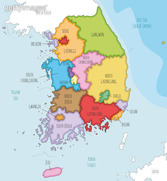 Vector illustrated map of South Korea with provinces; metropolitan ...
