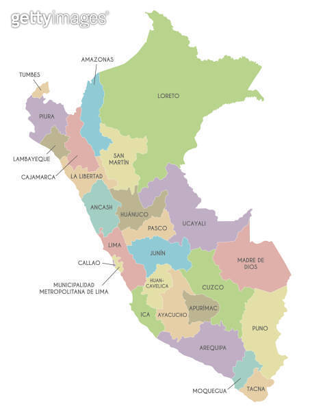 Vector map of Peru with departments, provinces and administrative ...