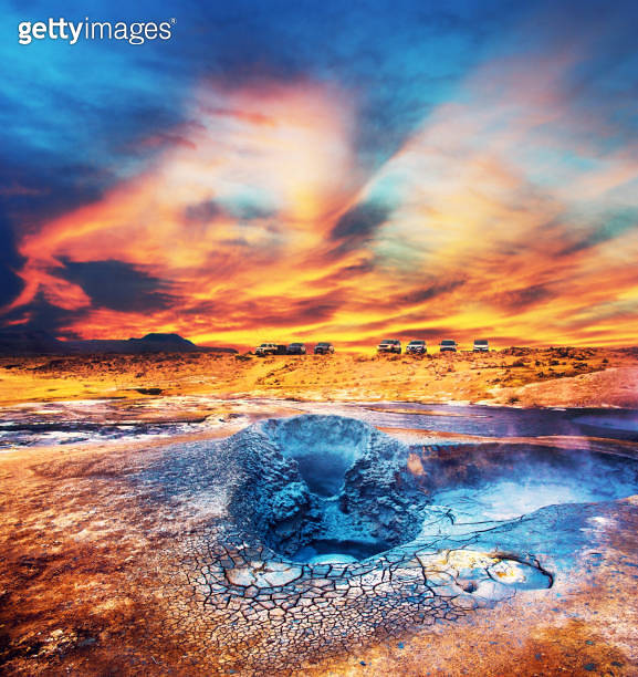 Magical dramatic scene with geothermal swamp and volcanoes in Hverir ...