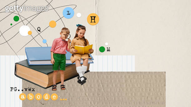 Conceptual art collage. Curieous, smart kids learning, doing homework ...