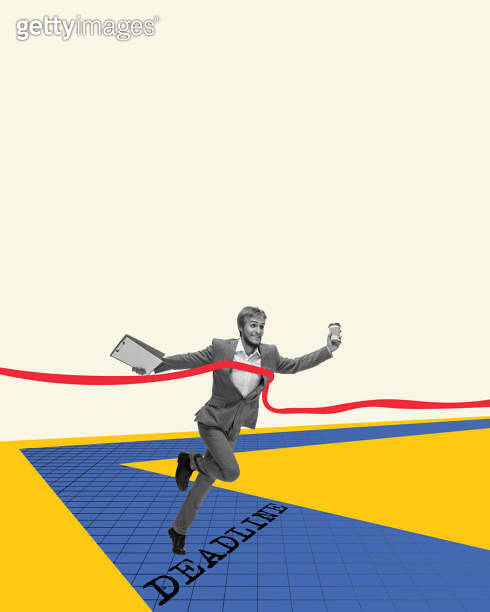 Contemporary art collage. Conceptual design. Motivated man reaching ...