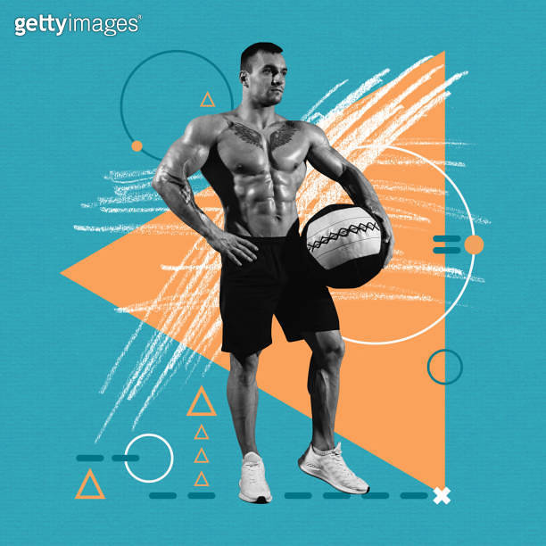 Contemporary art collage of shirtless man, trainer with muscular body ...