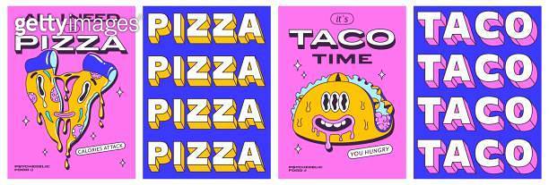 Trendy psychedelic posters set with funny fast food characters. Trippy ...