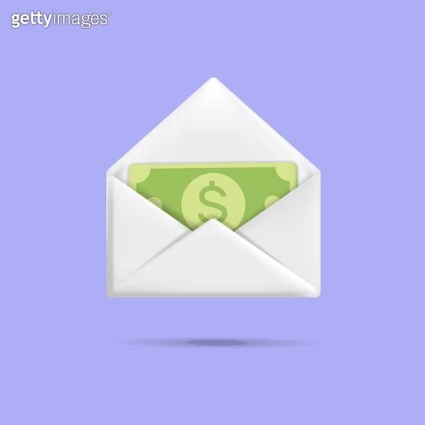 3d vector dollar banknote bill inside white open envelope illustration ...