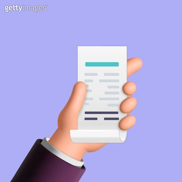 3d vector man office suit hand holds payment bill paper sheet invoice ...