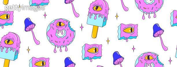 Psychedelic seamless pattern with weird cartoon dessert character and ...