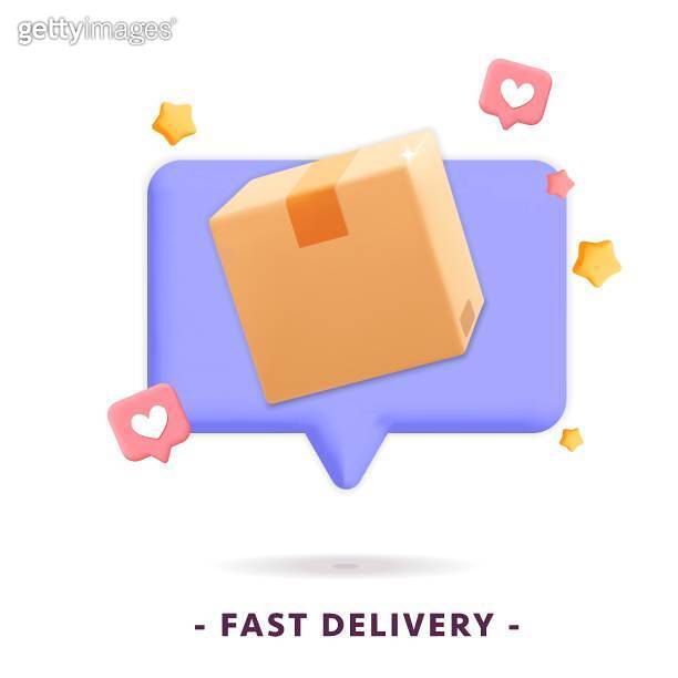 3d vector popup chat message bubble with cardboard paper box parcel ...