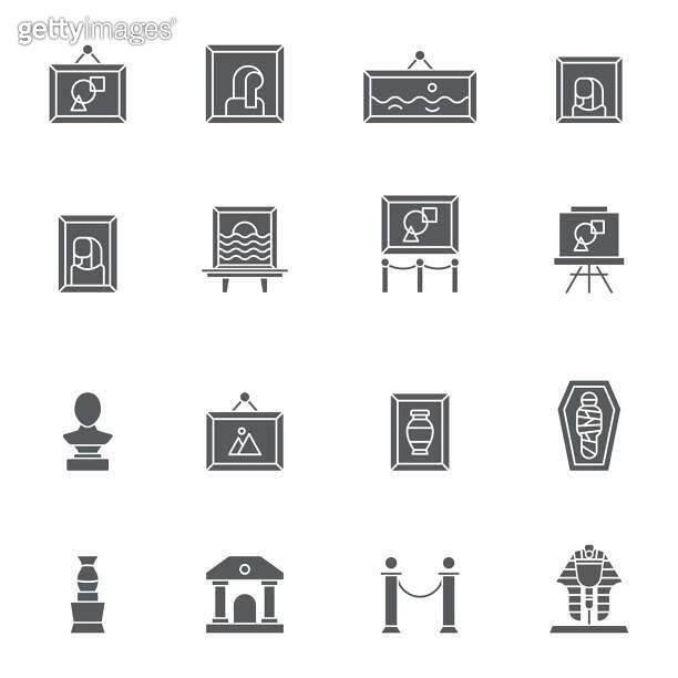 Museum exhibits glyph icons set. Art gallery linear style symbols ...