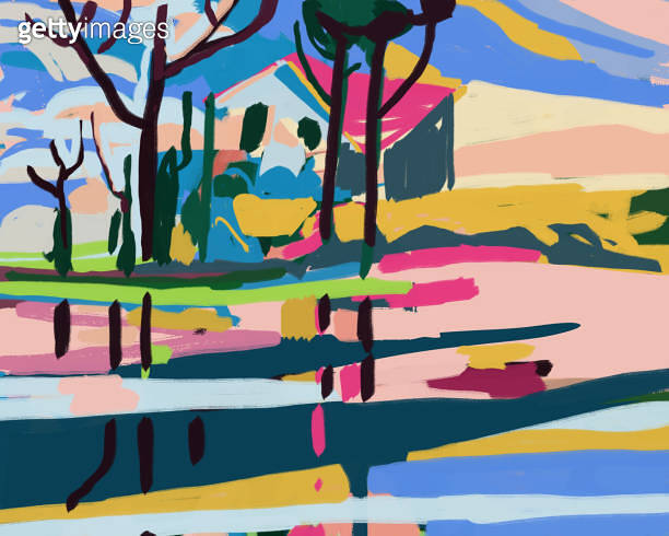 A house near a lake with cheerful and vivid colors. Illustration of a ...