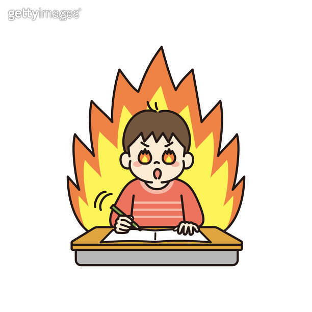 Illustration of motivated boy studying at his desk on fire (1669345508 ...