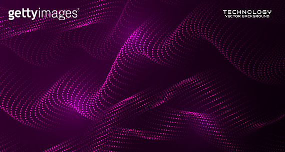Purple techno abstract background on dark space with waving particle ...