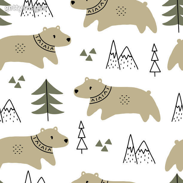 Seamless childish pattern with cute bears in the wood. Creative kids ...