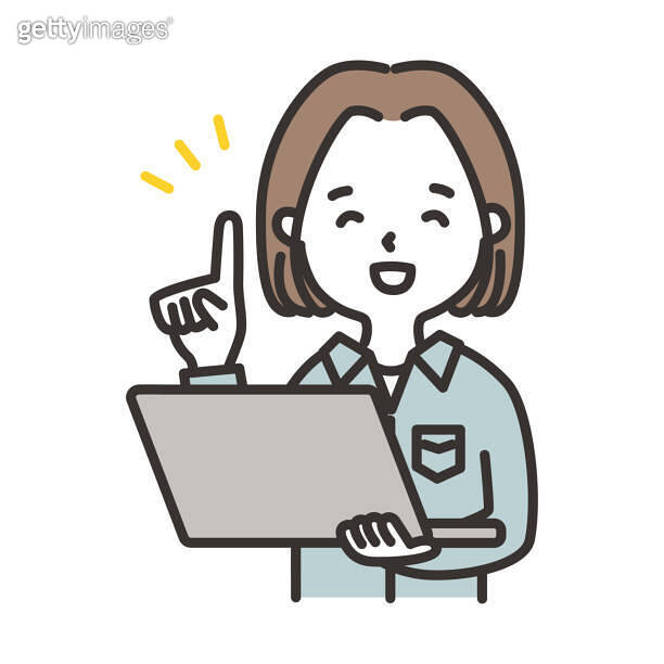 Illustration of a woman in work clothes holding a computer and giving ...