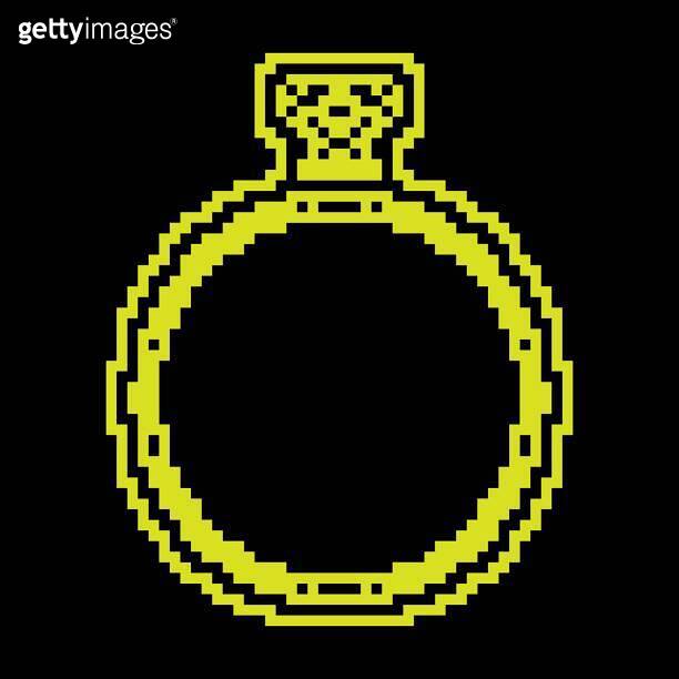 Pixel silhouette icon. Diamond ring with large gem. Expensive holiday ...